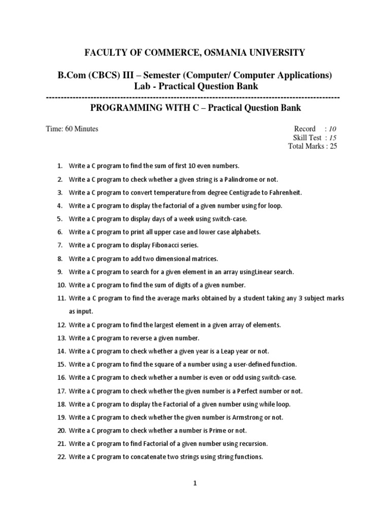 Lab - Practical Question Bank: Faculty of Commerce, Osmania University | PDF | C (Programming ...