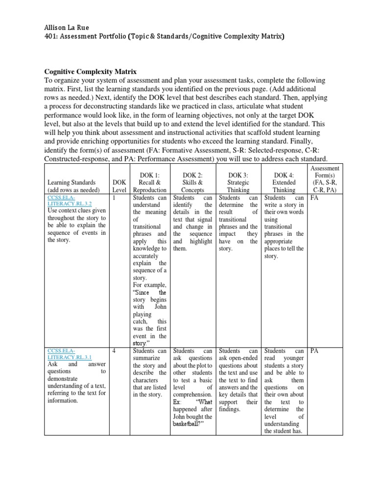Cognitive Complexity Matrix Only | PDF | Narration | Reading Comprehension