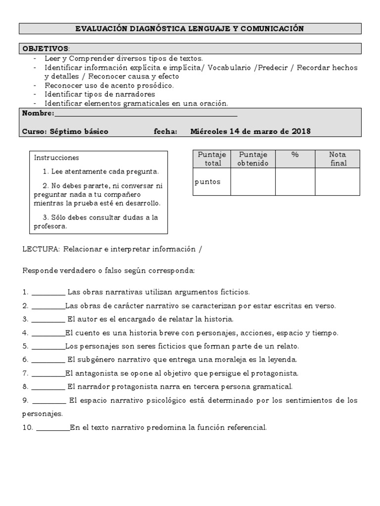Evaluación Diagnóstica Septimo | PDF | Narrativa | Narración Evaluación Diagnóstica Septimo | PDF | Narrativa | Narración