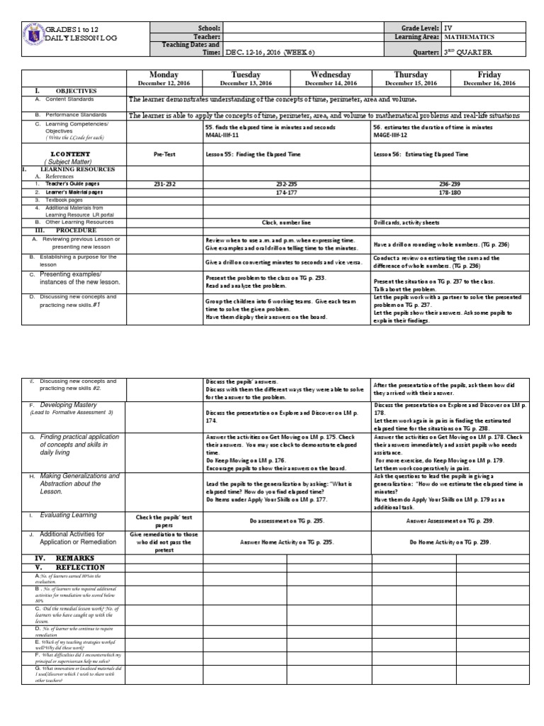 Grade 4 DLL Math 4 q3 Week 6j | PDF | Time | Teaching
