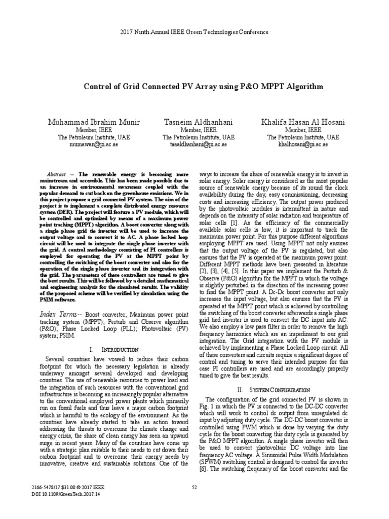Control of Grid Connected PV Array Using P&O MPPT Algorithm | PDF ...