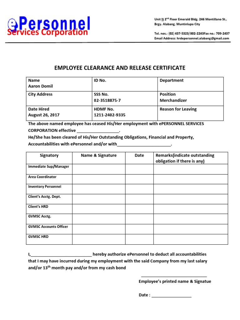 Services Corporation: Employee Clearance and Release Certificate | PDF