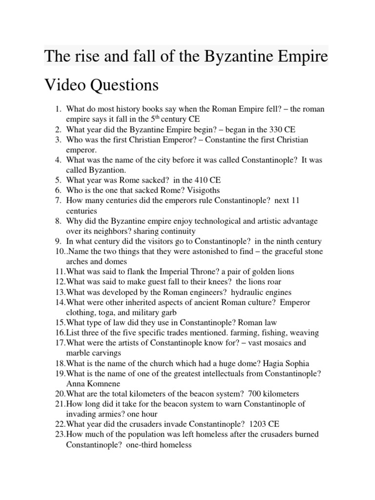 The Rise and Fall of The Byzantine Empire Video Questions | PDF | History
