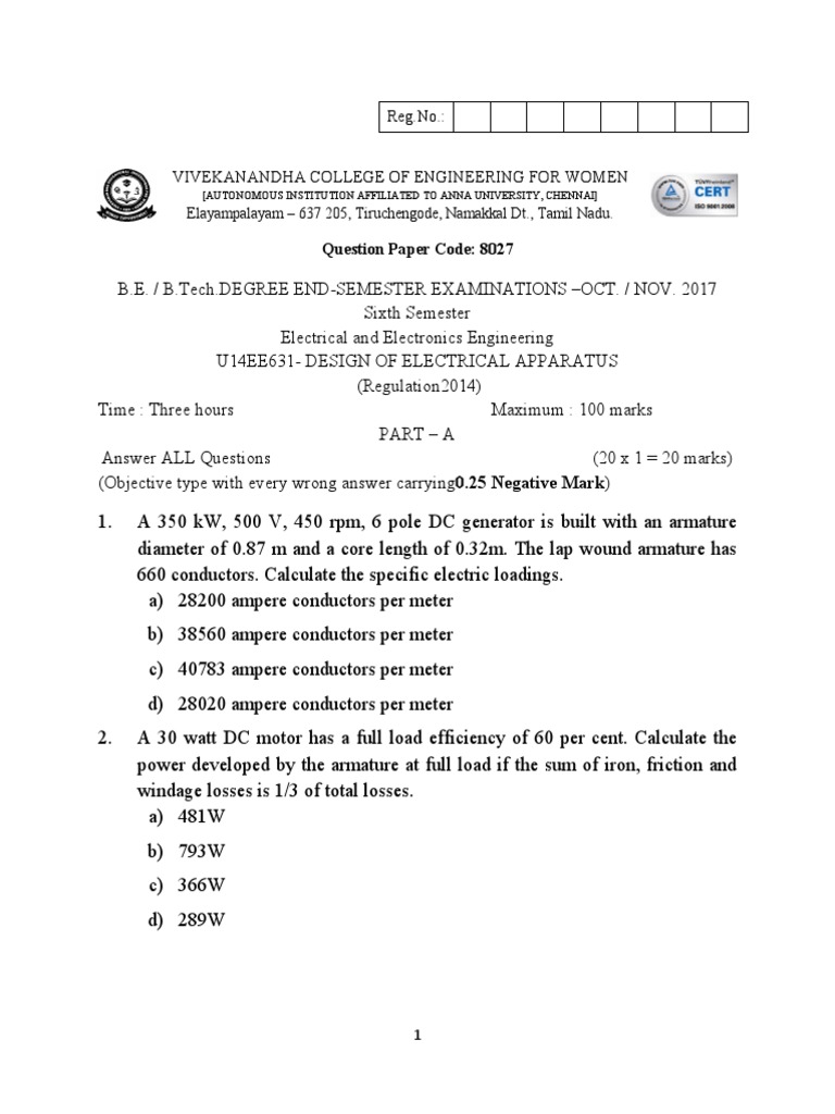Design of Electrical Apparatus - Question Paper | PDF | Transformer ...