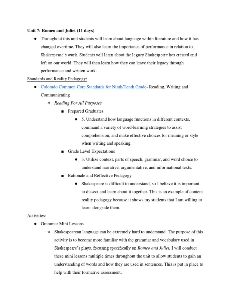 Unit 7: Romeo and Juliet (11 Days) : Colorado Common Core Standards For ...
