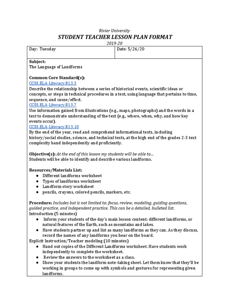 Student Teacher Lesson Plan Format: Subject | PDF | Individualized Education Program | Lesson Plan