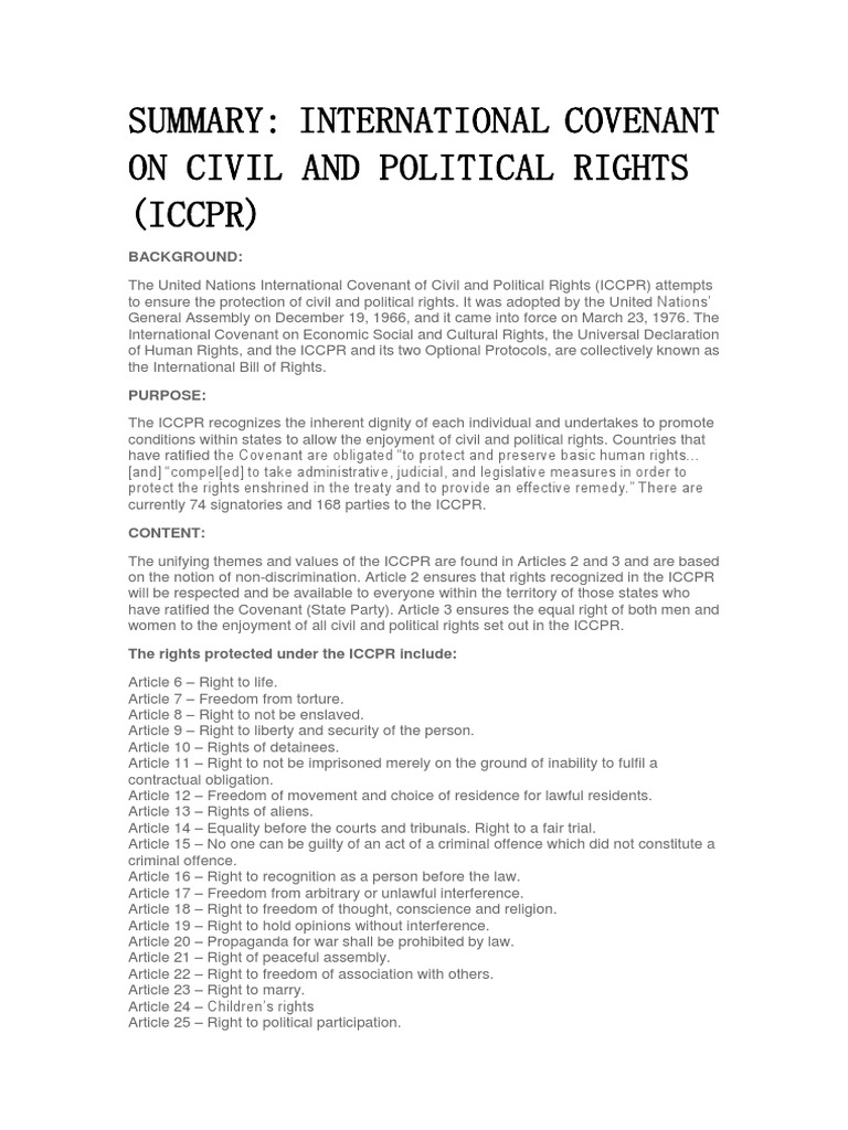 Summary: International Covenant On Civil and Political Rights (Iccpr ...