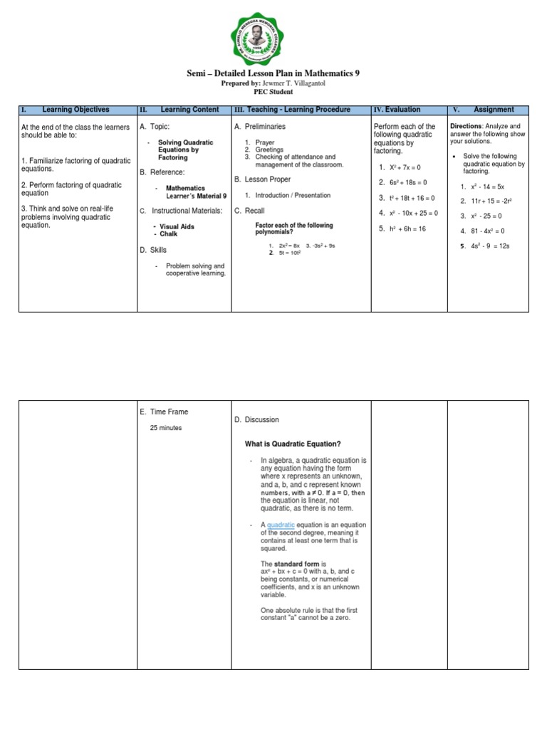 Quadratic Equations: Factoring Lesson Plan | PDF | Factorization ...