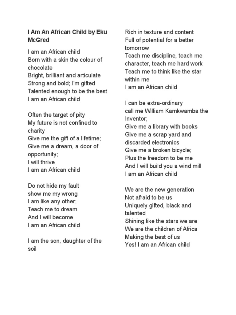 I Am An African Child Poem | PDF