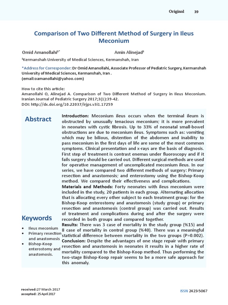 Comparing Surgical Methods for Treating Meconium Ileus: A Study of ...