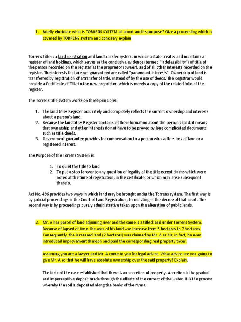 Torrens Title Is A Land Registration and Land Transfer System, in Which ...