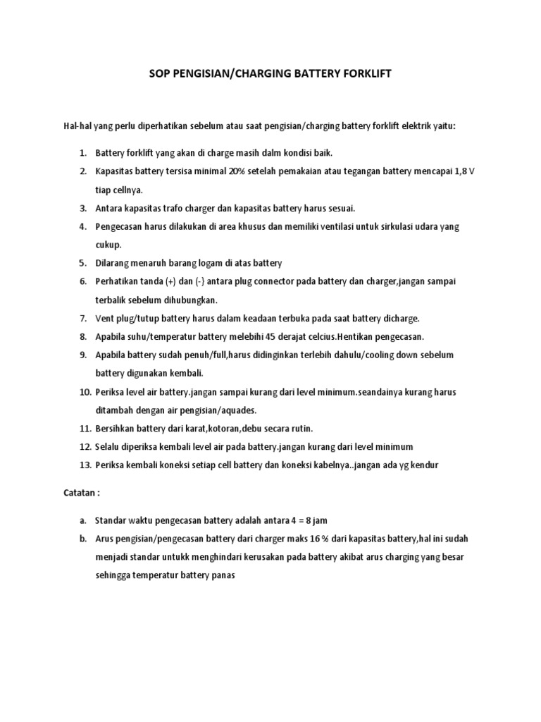 Sop Pengisian/Charging Battery Forklift: Catatan | PDF