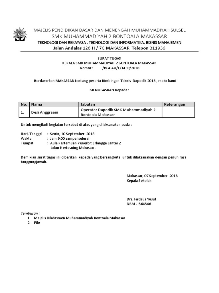 Surat Tugas Bimtek Operator Dapodik Pdf