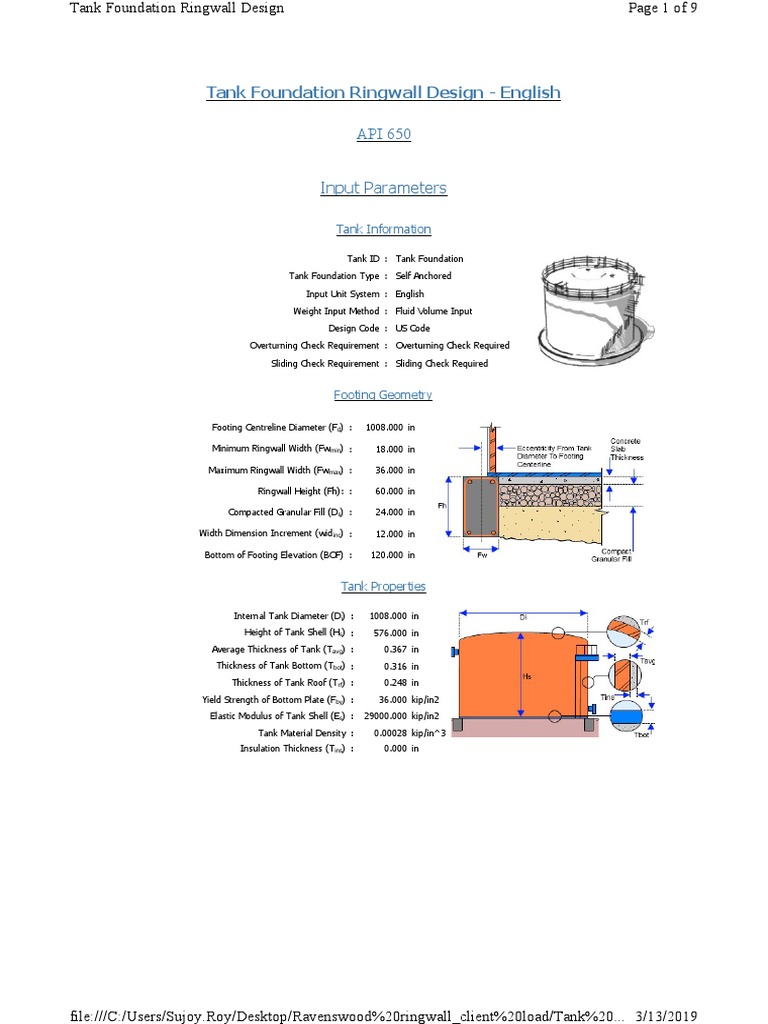 Tank Foundation Ringwall Design - English API 650 Input Parameters ...