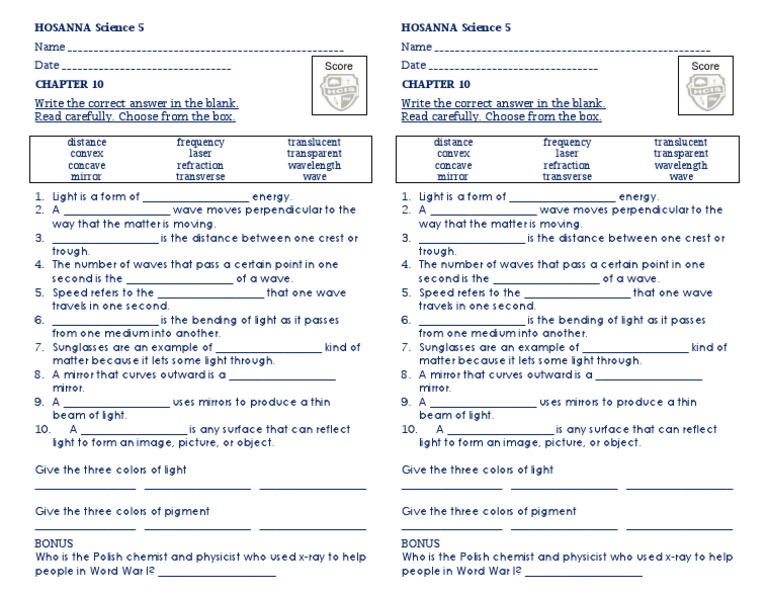 BJU Science 5 Quiz Chapter 10 | PDF | Mirror | Light