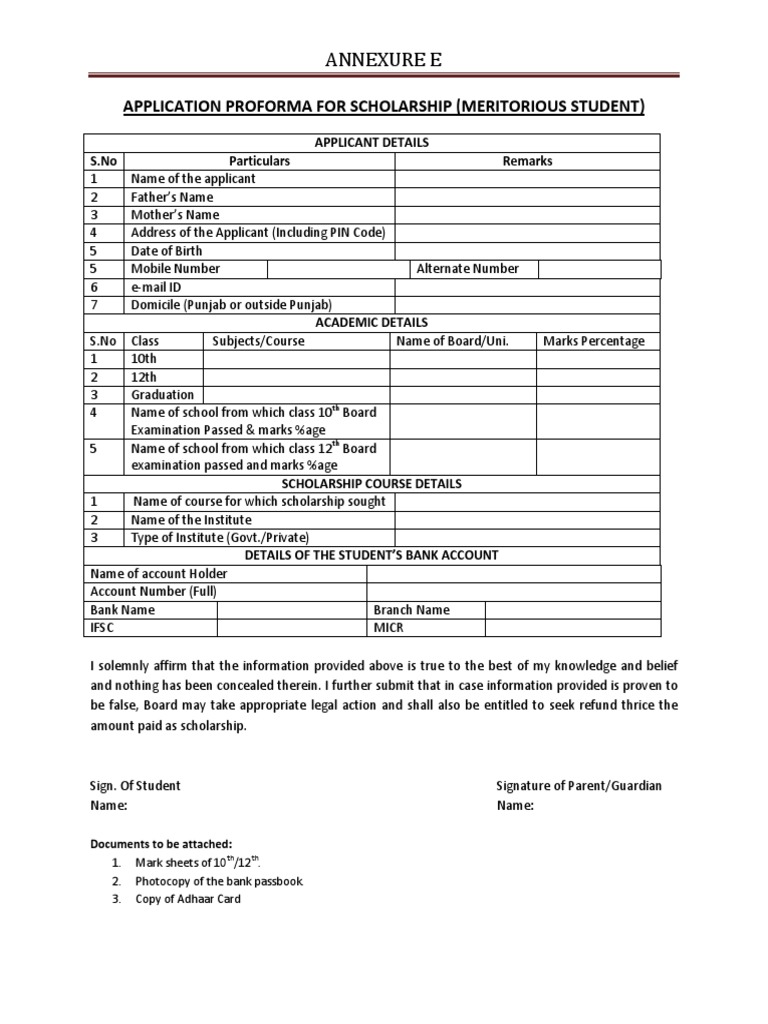 Application Proforma For Scholarship (Meritorious Student) : Annexure E ...