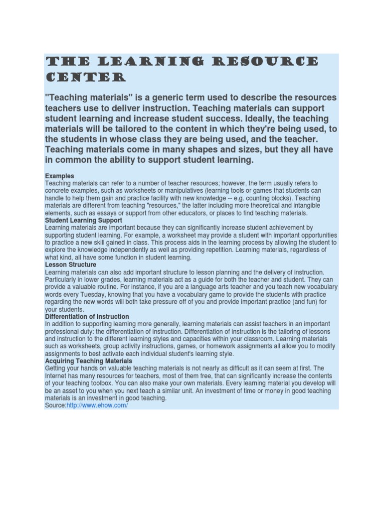 The Learning Resource Center: Examples | PDF | Teachers | Classroom