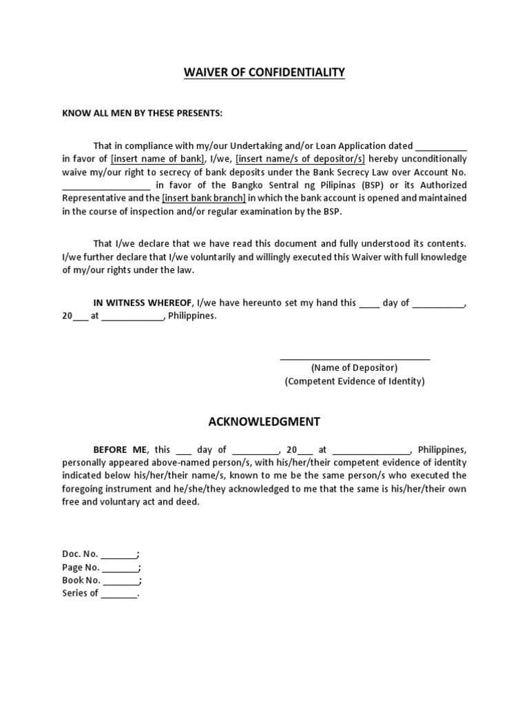 Waiver of Confidentiality (Bank Secrecy of Deposits) | PDF | Banks ...