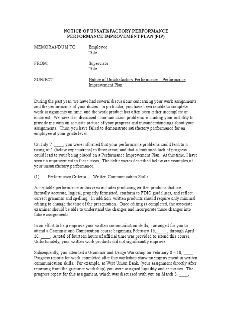 Notice of Unsatisfactory Performance Performance Improvement Plan (Pip) | PDF | Banks | Market ...