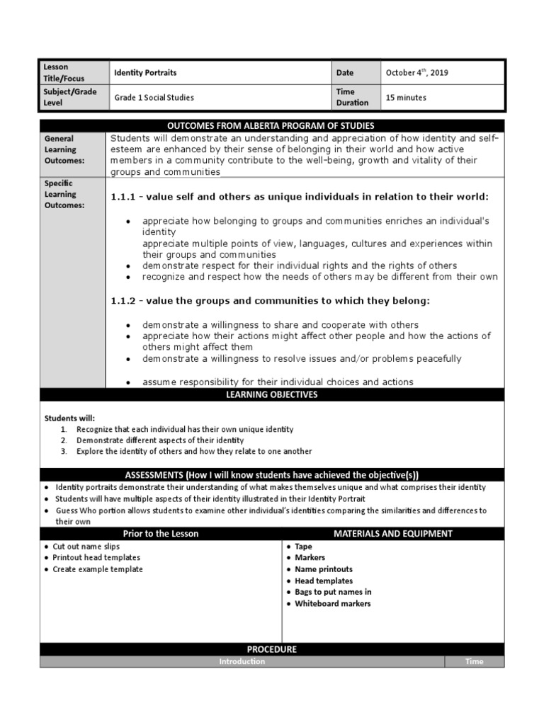 Identity Portraits Lesson Plan - Jordan Meyer | PDF | Identity (Social ...