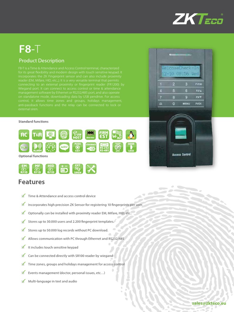 ZKTeco F8-T-ID Spec | PDF | Access Control | Manufactured Goods