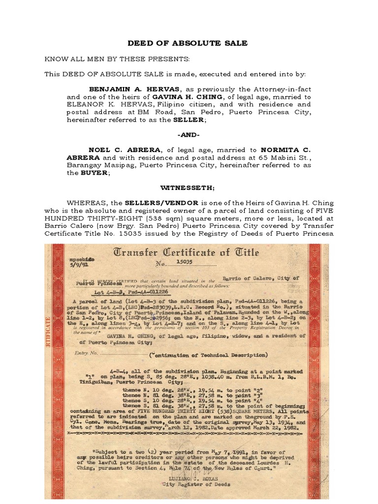Deed of Absolute Sale: BENJAMIN A. HERVAS, As Previously The Attorney ...