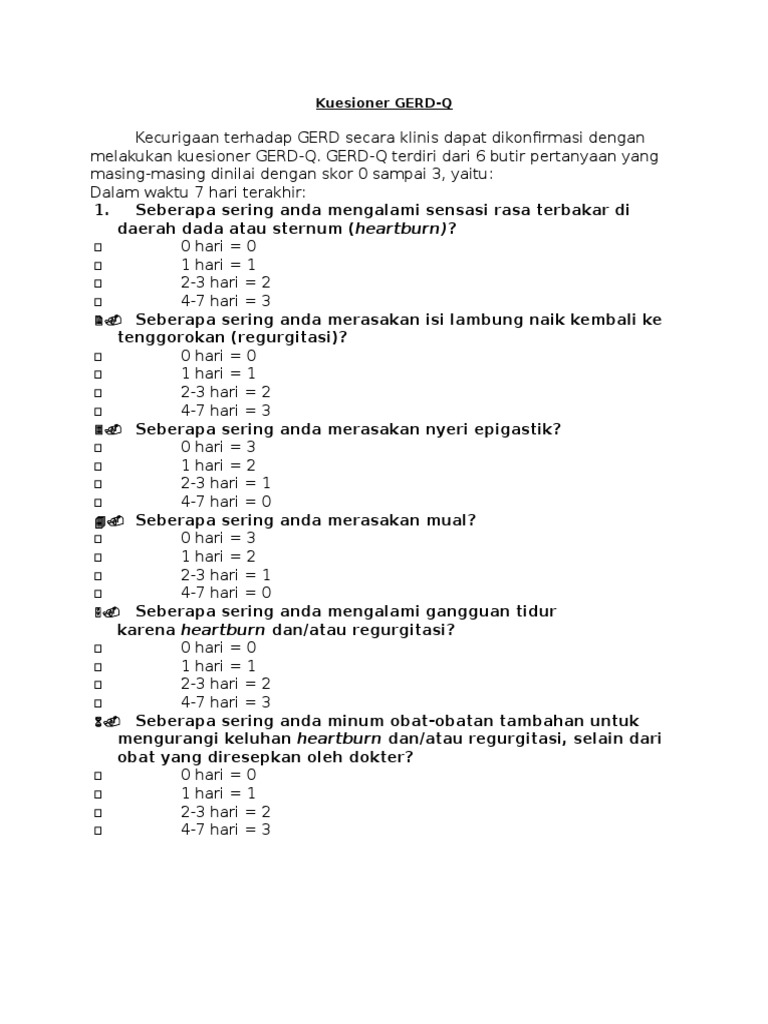 Kuesioner GERD12 | PDF | Memasak, Makanan, & Anggur | Kesehatan Holistik