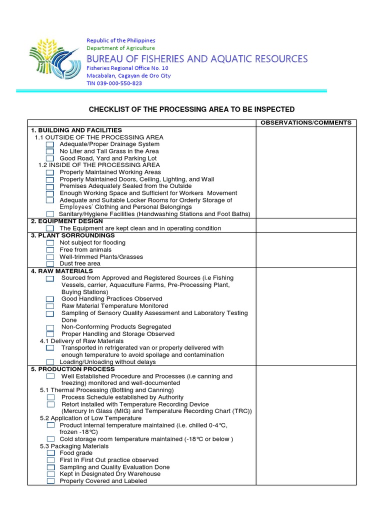 Checklist of The Processing Area To Be Inspected | PDF | Warehouse ...