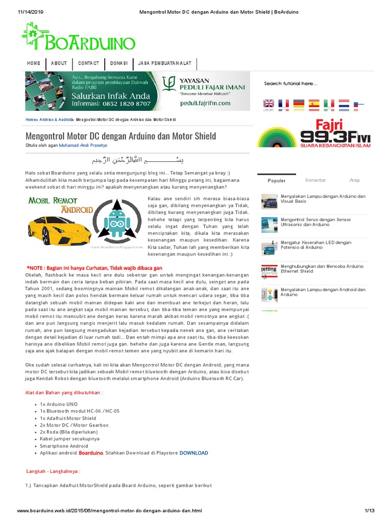 Mengontrol Motor DC Dengan Arduino Dan Motor Shield - BoArduino | PDF