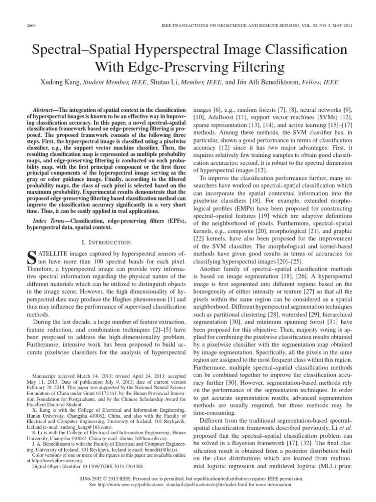 Spectral-Spatial Hyperspectral Image Classification With Edge-Preserving Filtering | PDF | Image ...