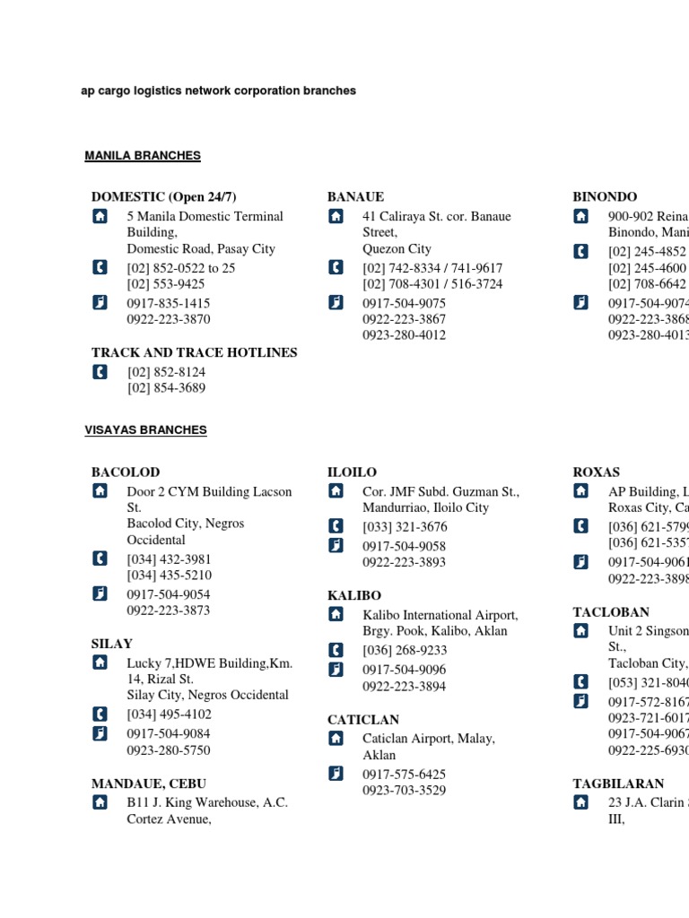 AP Cargo Branch Locations and Contacts | PDF | Mindanao | Southeast Asia