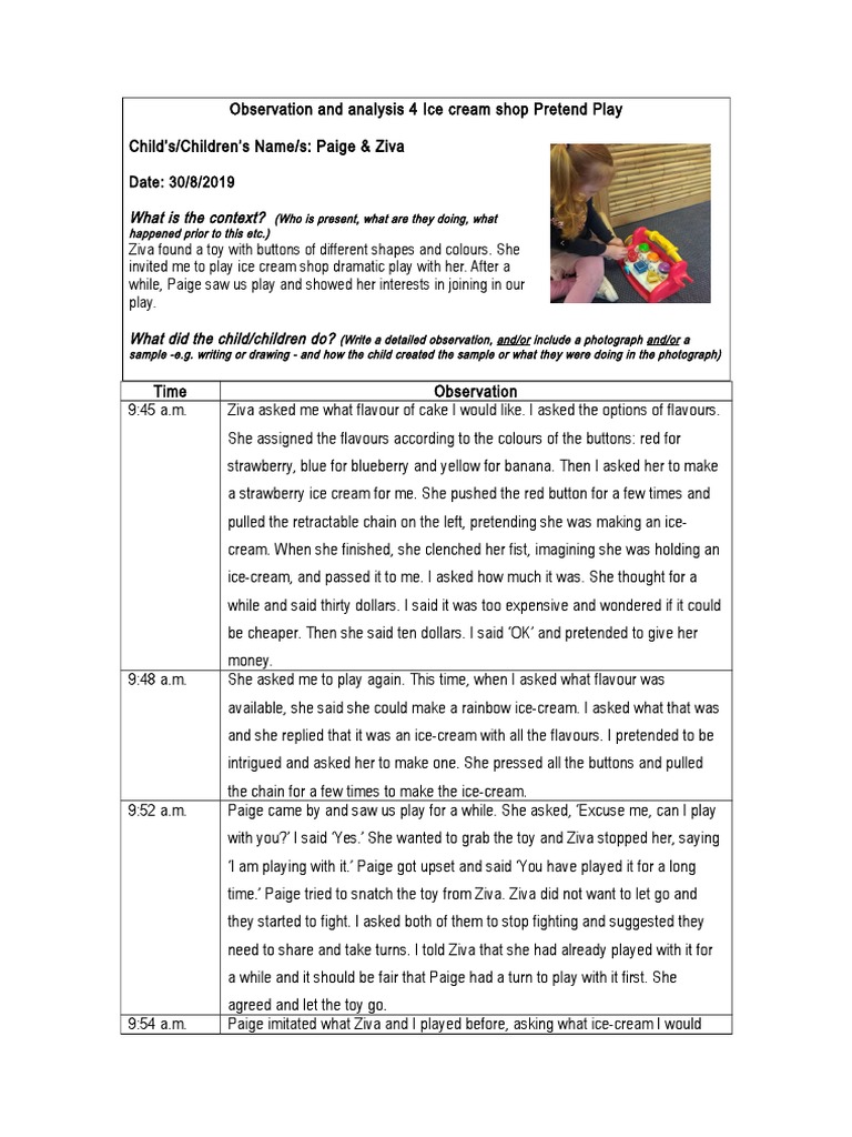 Ice Cream Shop Play Observation | PDF | Communication | Behavioural ...