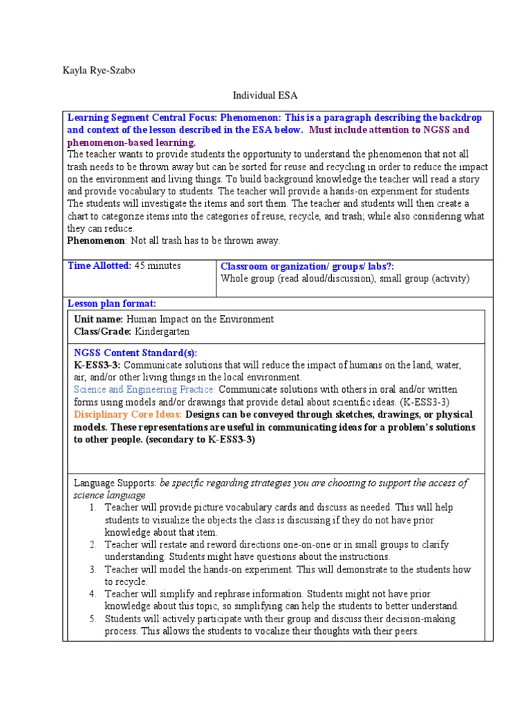 Esa Lesson Plan | PDF | Lesson Plan | Classroom