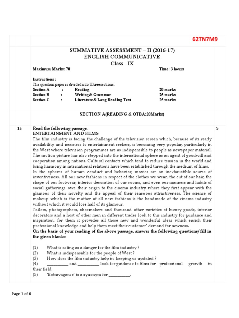 English Class 9 Sa2 2017-18 | PDF | Question