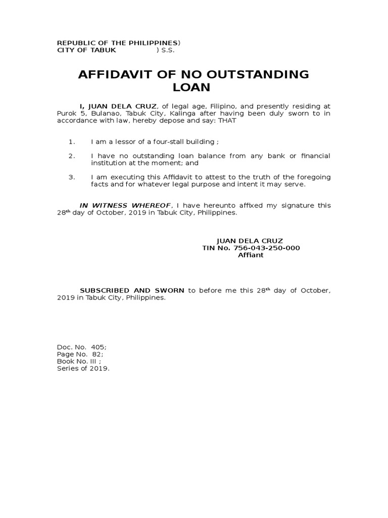 Affidavit Of No Outstanding Loan Pdf
