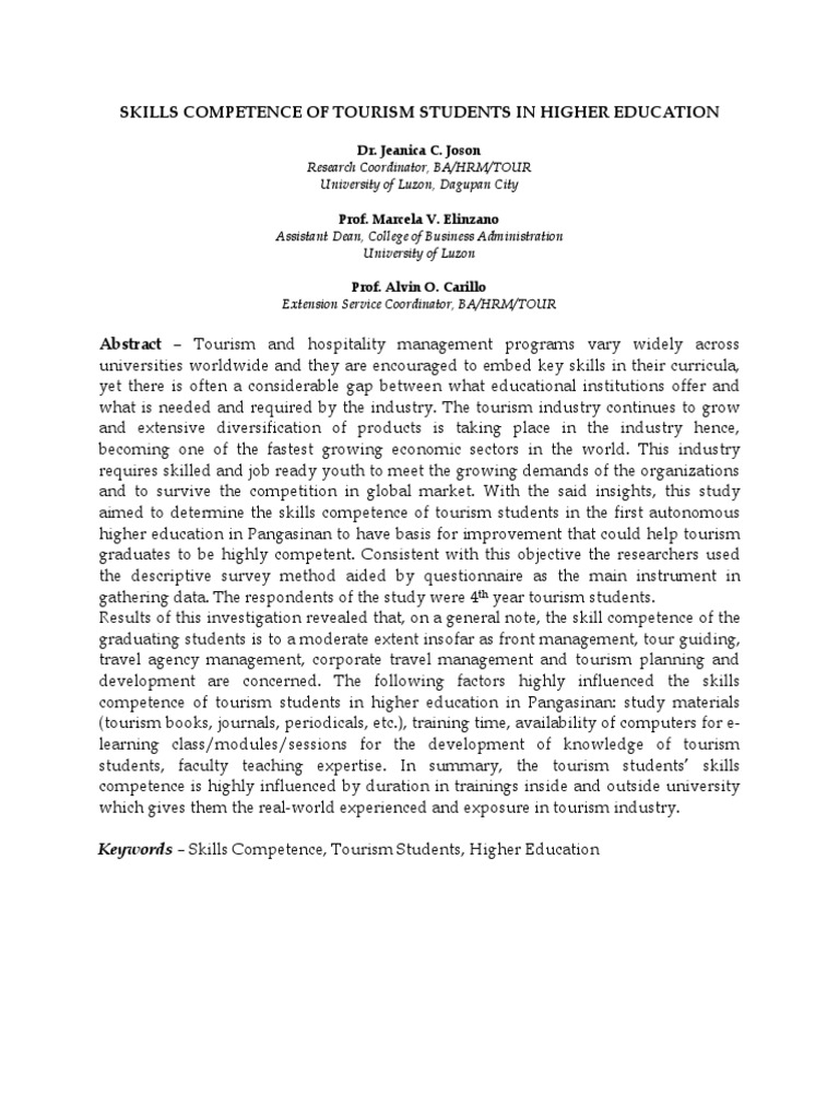 Skills Competence of Tourism Students | PDF | Tourism | Higher Education