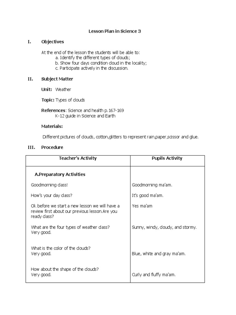 Lesson Plan in Science 3 | PDF | Cloud | Sky