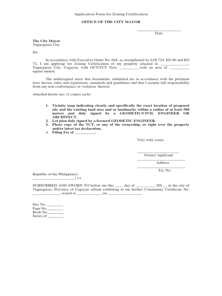 Application Form For Zoning Certification | PDF