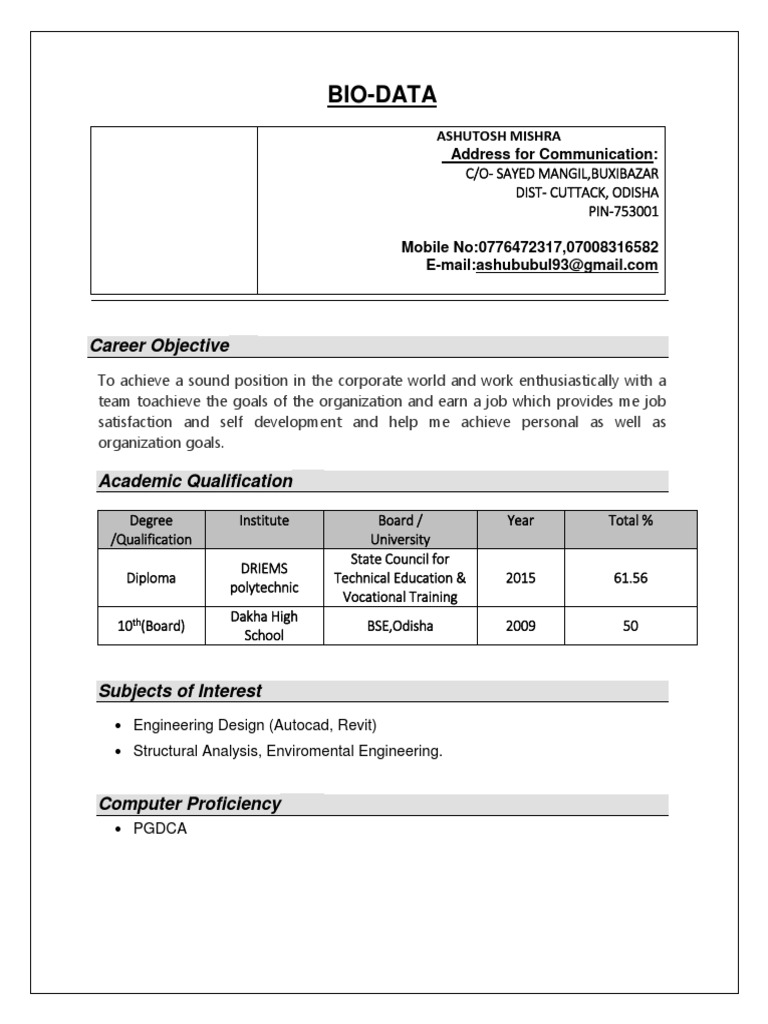 Bio-Data: Career Objective | PDF
