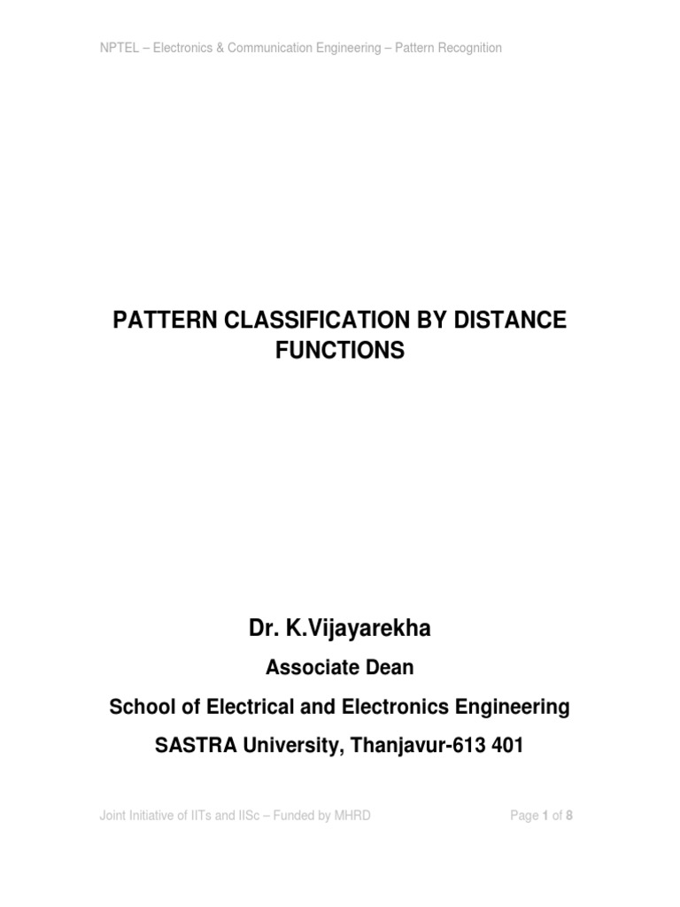 PATTERN CLASSIFICATION BY DISTANCE FUNCTIONS BY Dr. K.Vijayarekha | PDF | Pattern Recognition ...