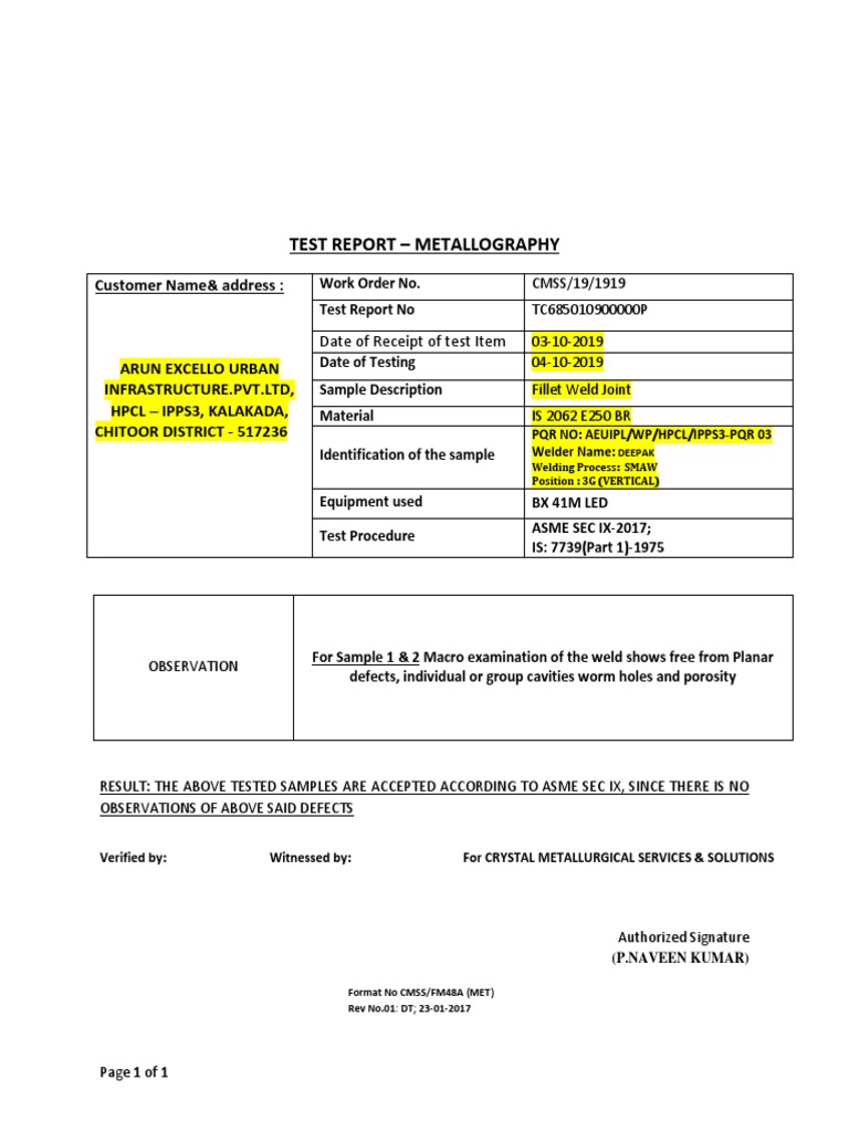 Test Report - Metallography: Customer Name& Address | PDF
