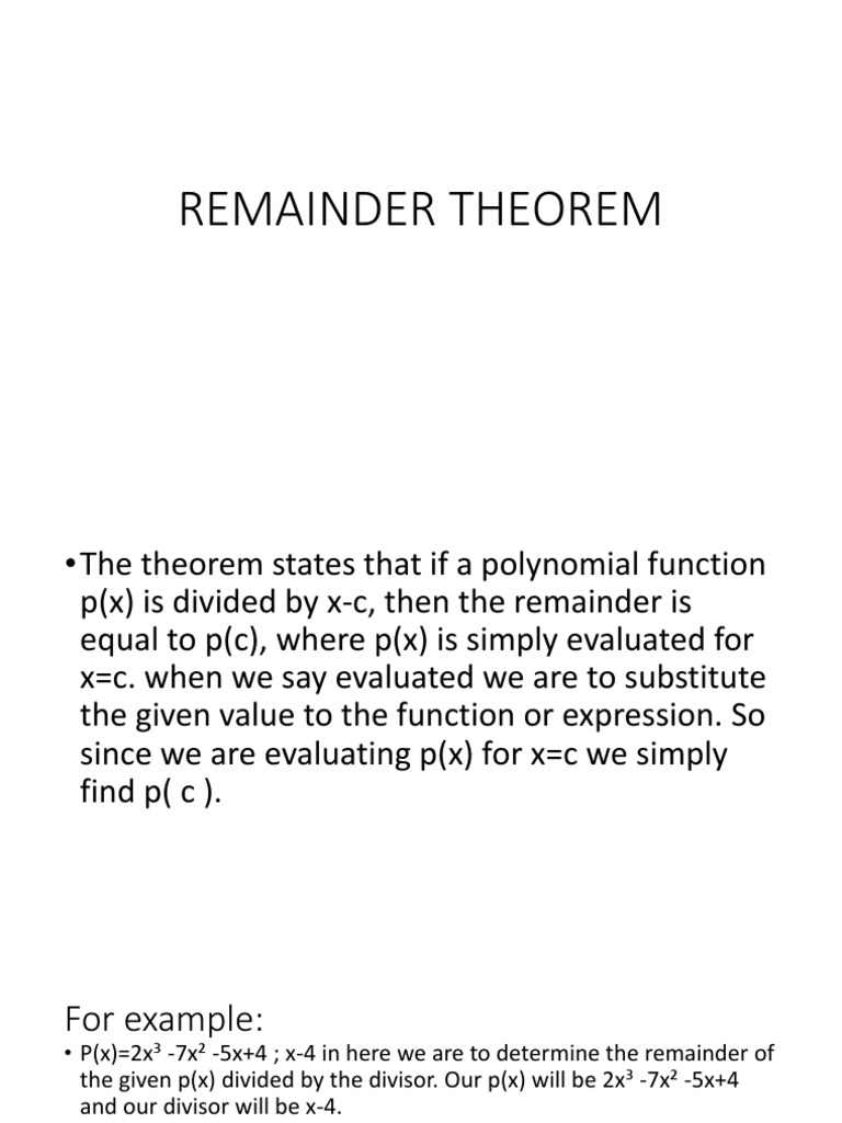 Remainder Theorem | PDF | Polynomial | Function (Mathematics)
