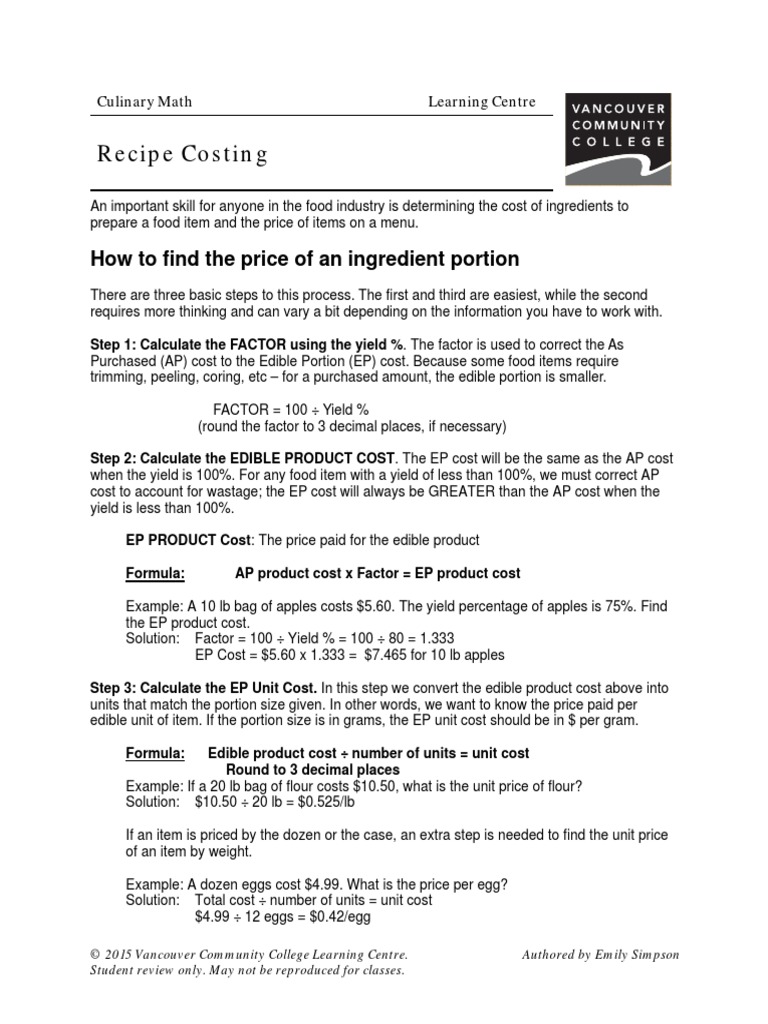 CulinaryMath RecipeCosting PDF | PDF | Menu | Foods