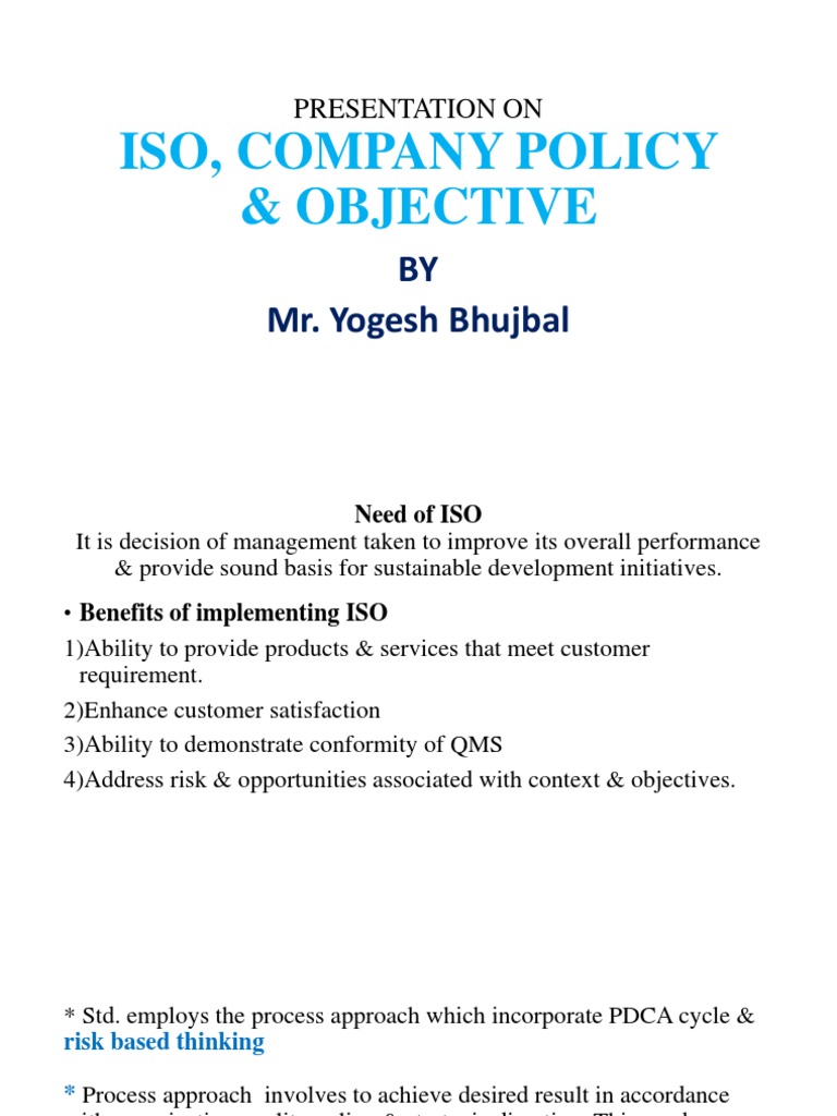 Iso, Company Policy & Objective: BY Mr. Yogesh Bhujbal | PDF | Quality ...