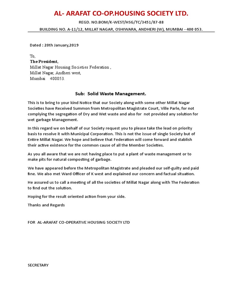 Al Arafat Federation Garbage Issue Letter | PDF