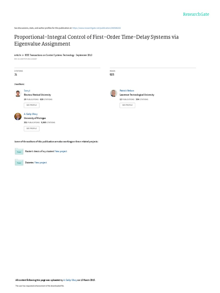 Proportional-Integral Control of First-Order Time-Delay Systems Via Eigenvalue Assignment ...
