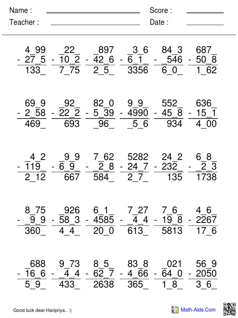 Subtraction Missing Digits | PDF | Teaching Mathematics