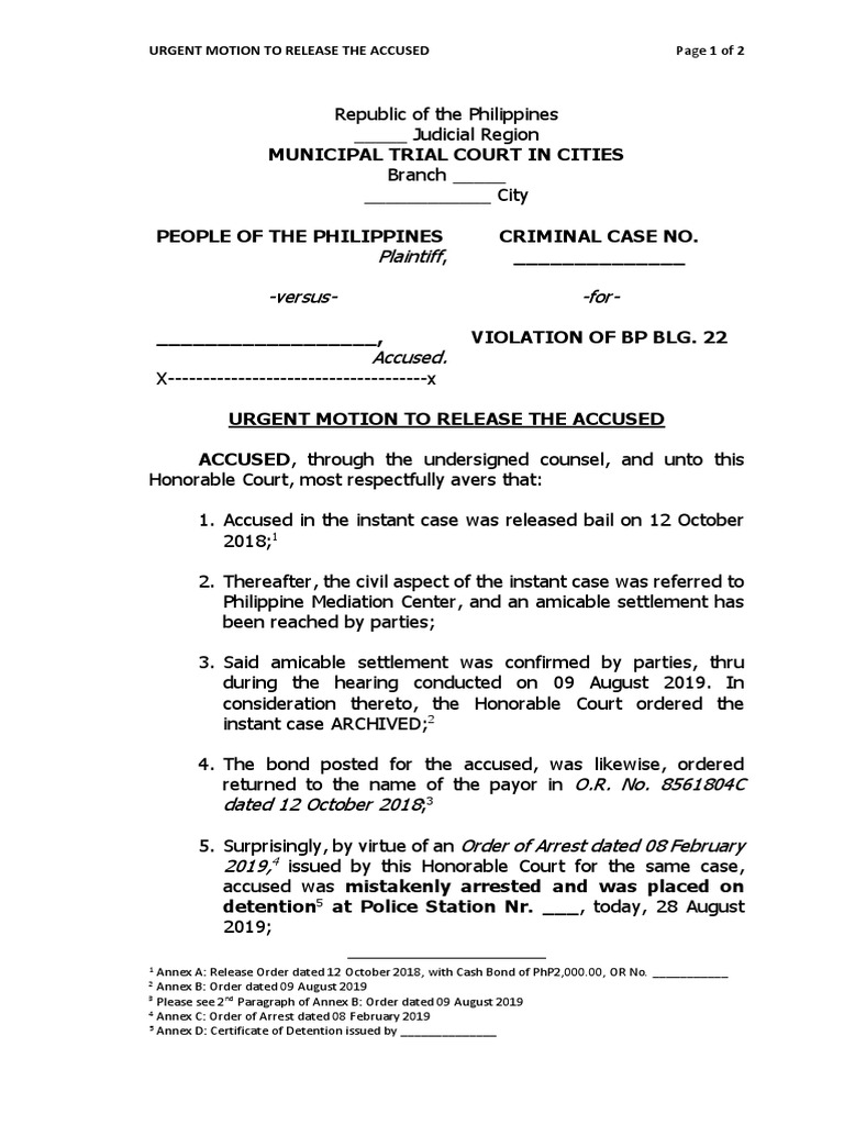 Motion Release Accused Sample | PDF | Bail | Courts