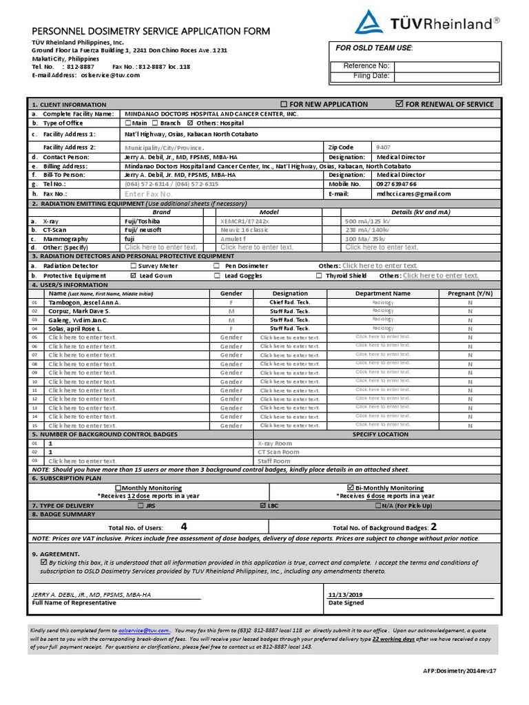 A1 TUV Personnel Dosimetry Application Form | PDF | Radiology | Medical ...