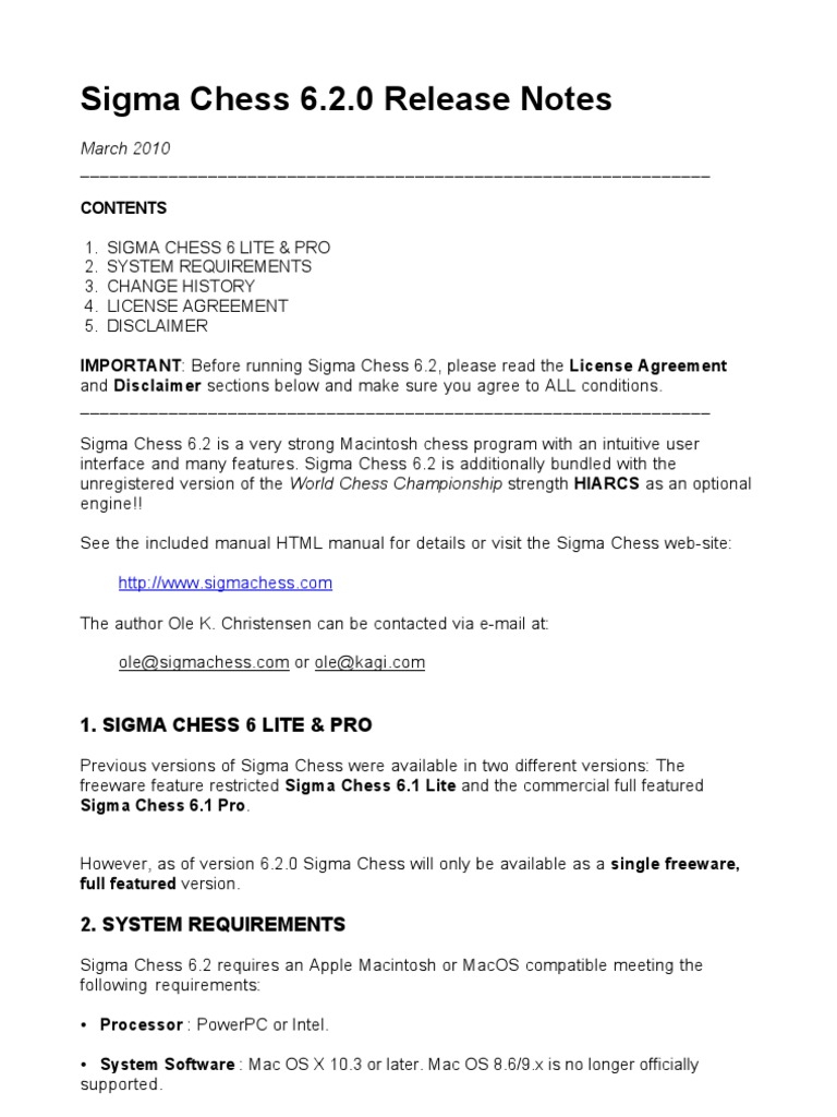 Sigma Chess 6.2.0 Release Notes: March 2010 | PDF | Macintosh | Mac Os